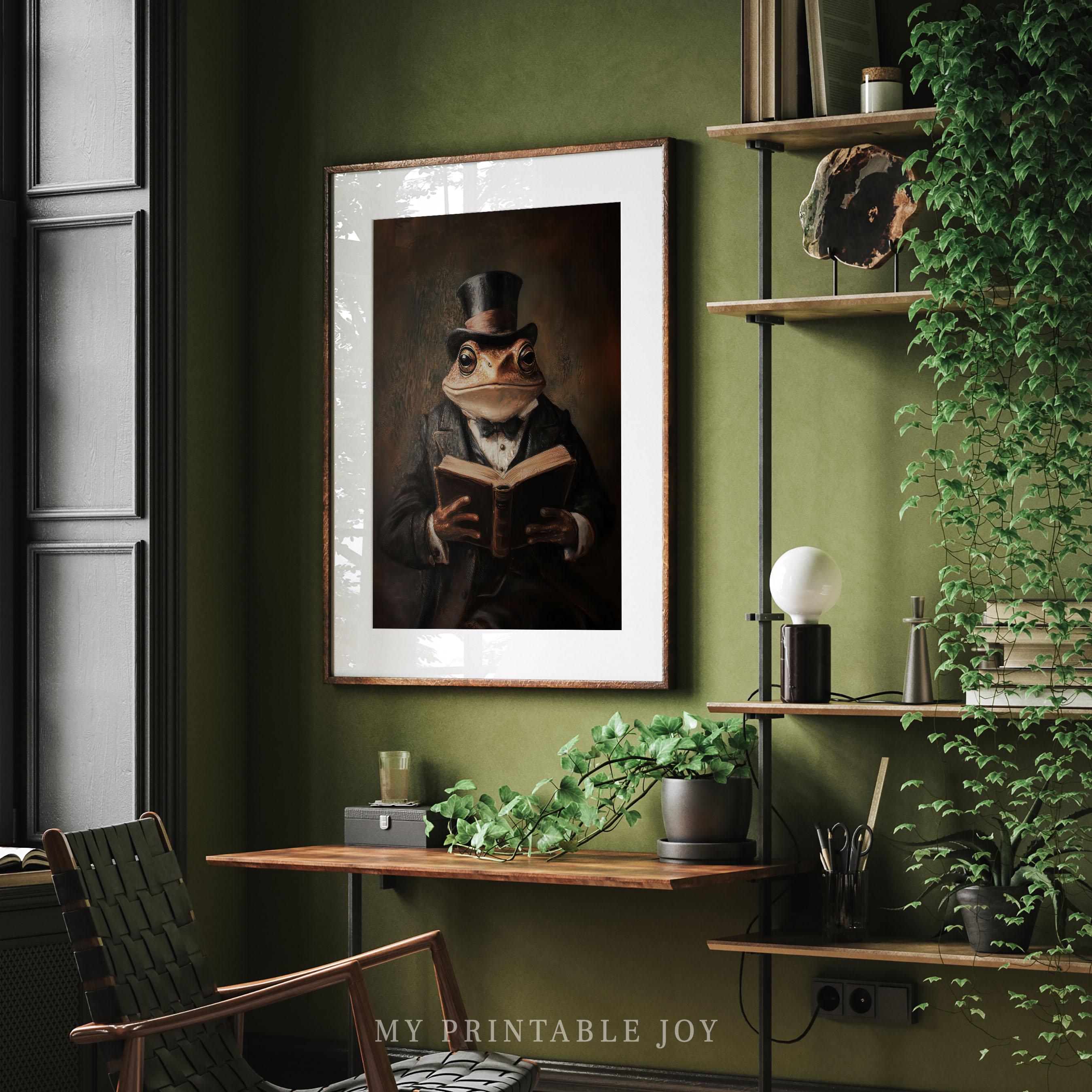 Frog Reading Wall Art Print Vintage Portrait Whimsical Animal Decor ...