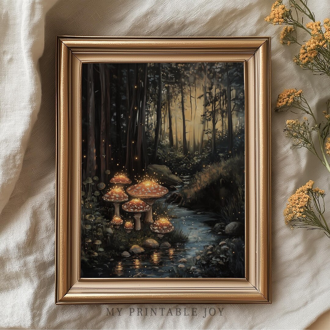 Fairy Mushrooms in Forest Glow - Enchanted Cottagecore Wall Art Fall ...