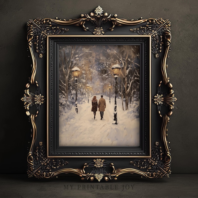 Vintage Winter Couple in Snowy Park - Romantic Wall Art, Moody Winter ...