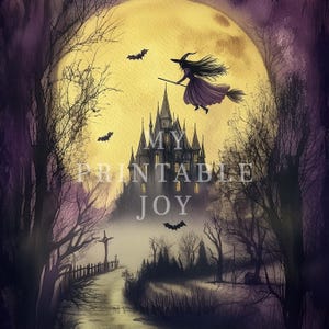 Witch Flying Over Haunted House Art Print Halloween Gothic Wall Art Spooky Witch Decor Witchy ...