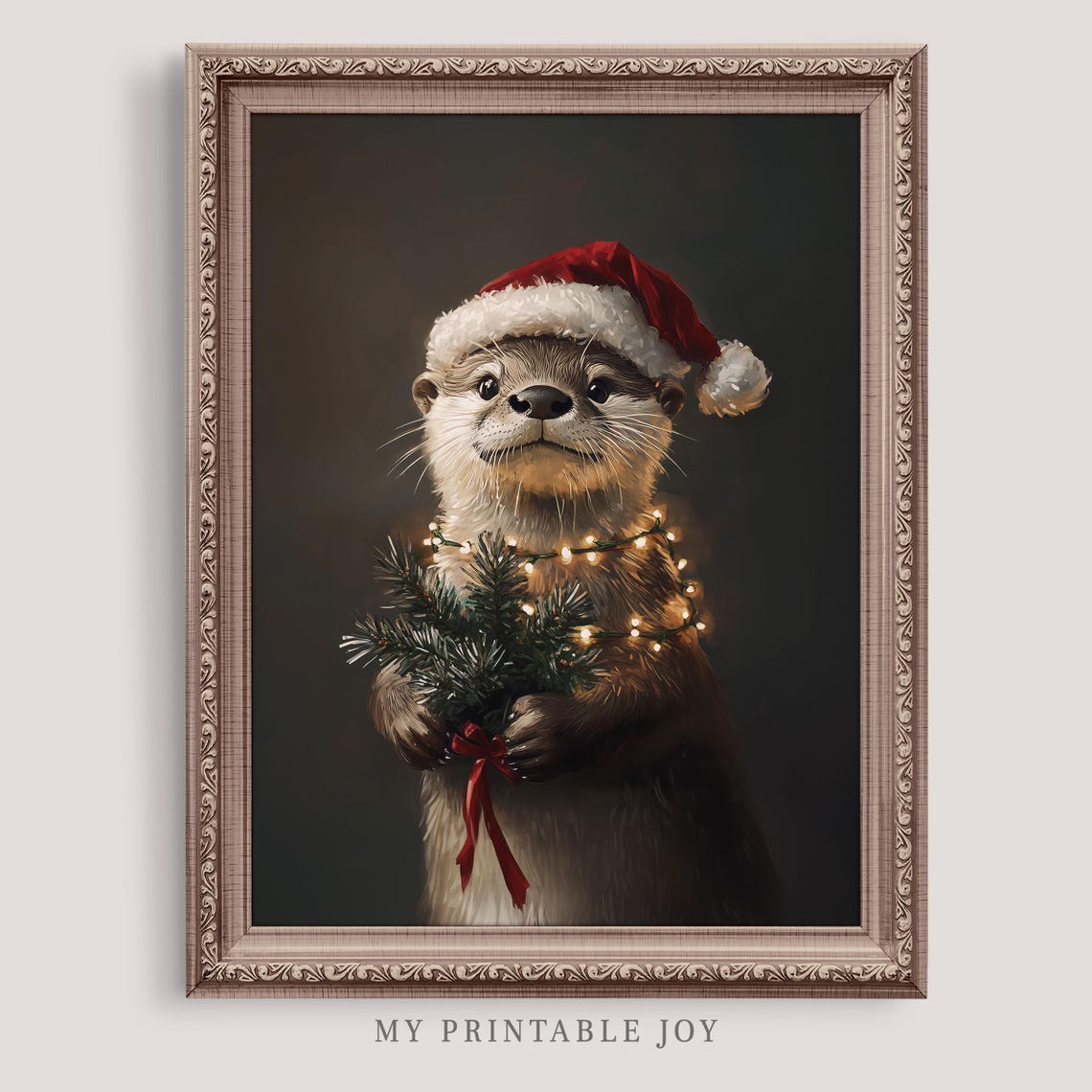 Vintage Otter Christmas Wall Art Santa Hat Dark Academia Rustic Holiday ...