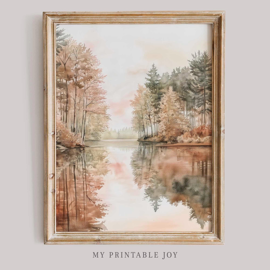 Autumn Lake Scene With Pink Sky - Fall Landscape Wall Art, Earthy ...