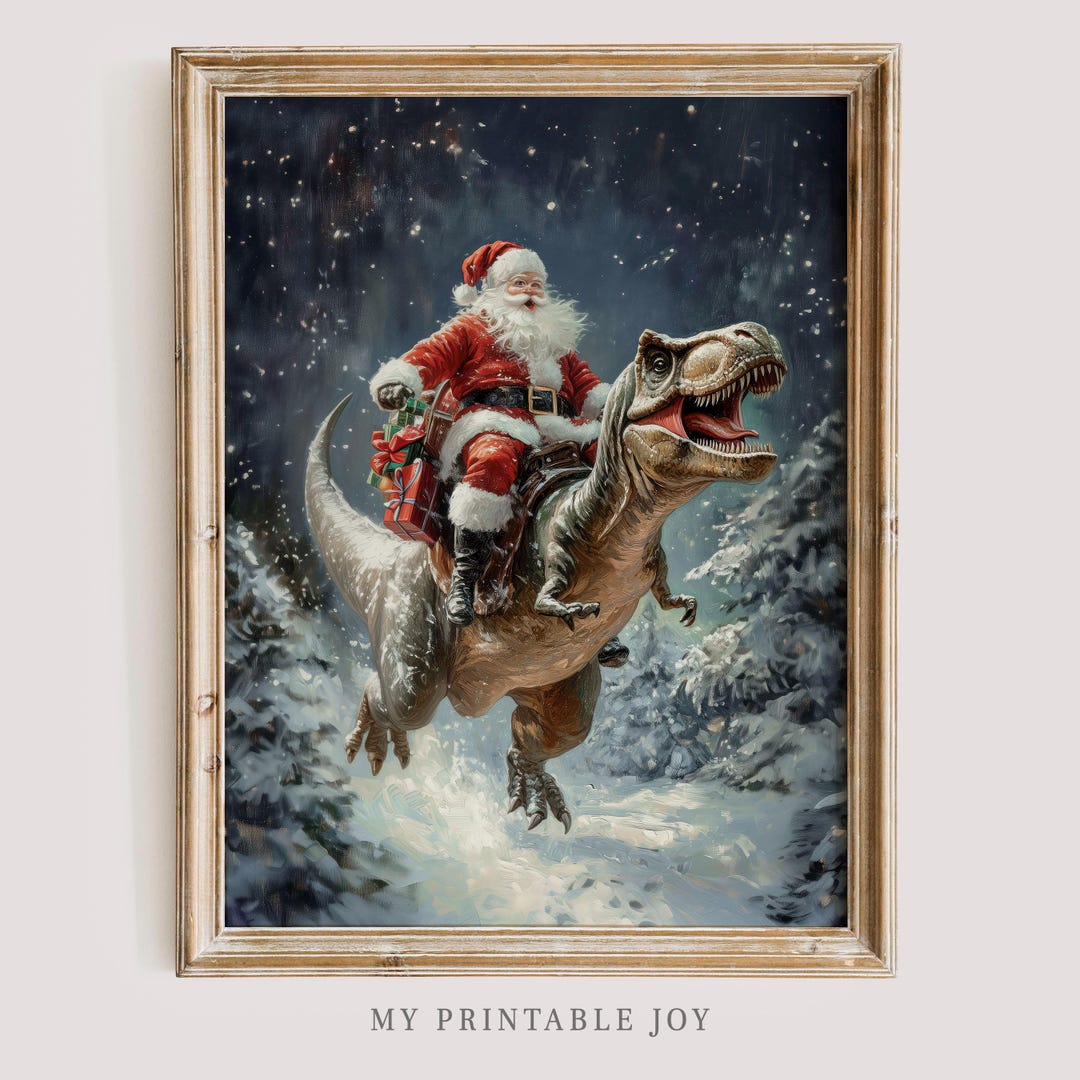 Santa Riding Dinosaur Digital Art Funny Christmas Nursery T-rex Holiday ...