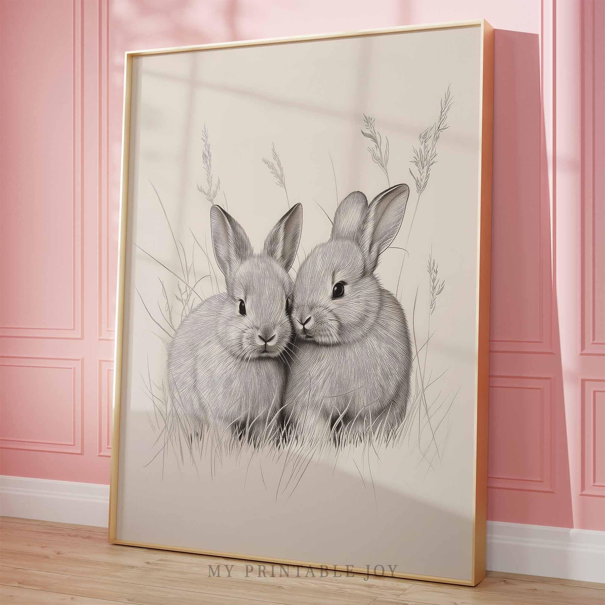 Two Baby Bunnies Cuddling Printable Sketch Wall Art Vintage Whimsical ...