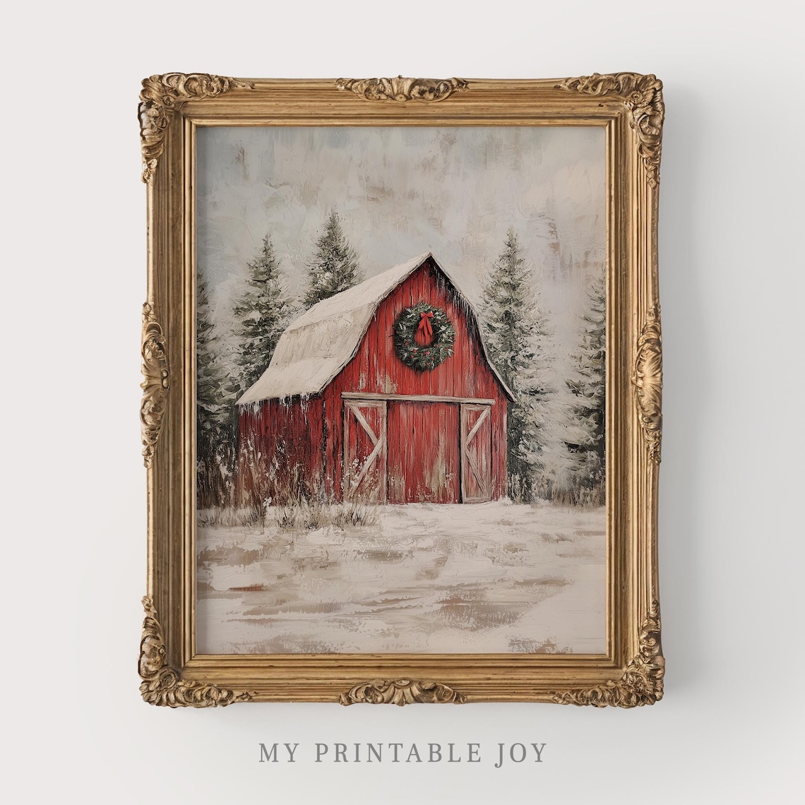 Red Barn in Snowy Winter Scene – Rustic Country Wall Art, Vintage ...