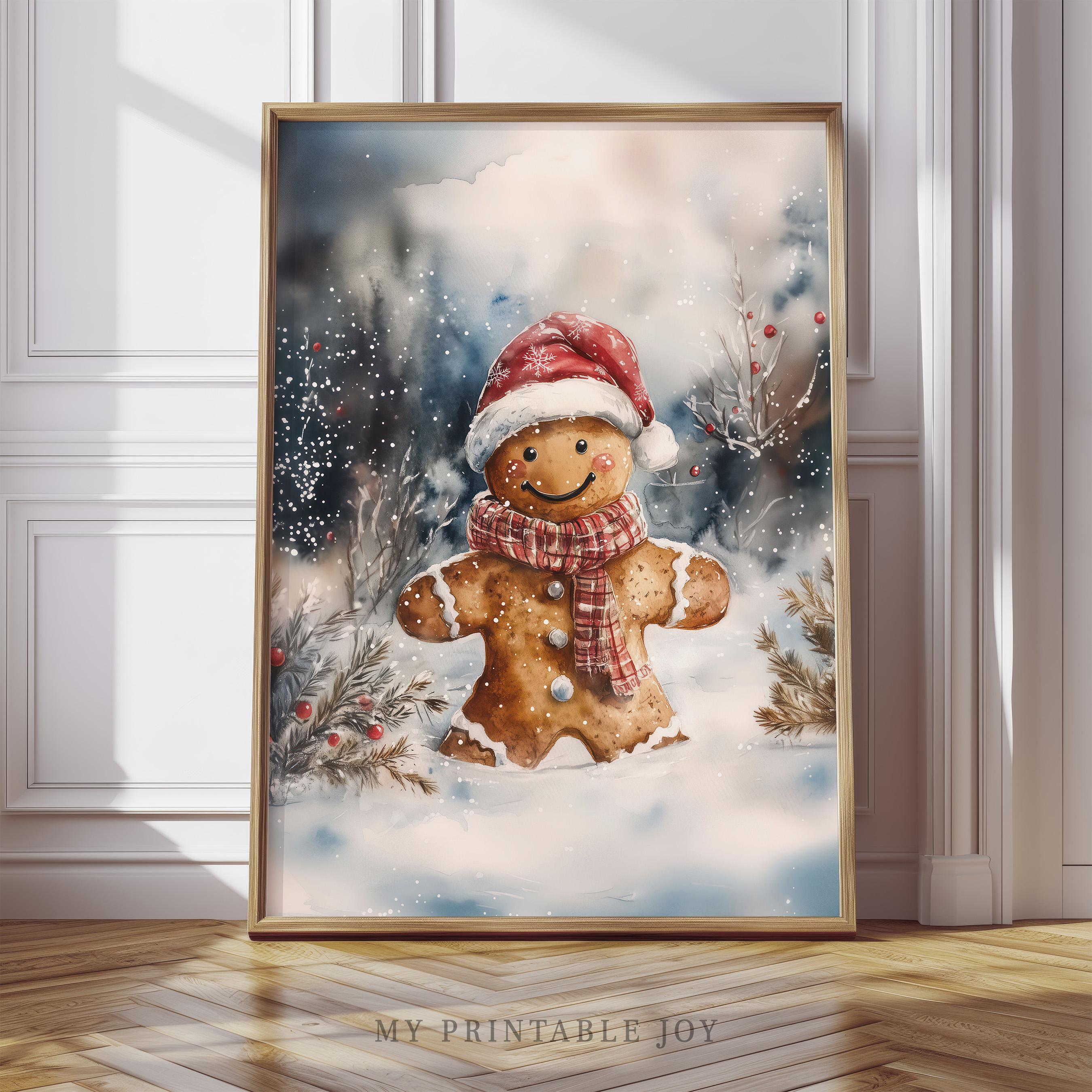 Vintage Gingerbread Man Rustic Christmas Wall Art Santa Hat Winter ...