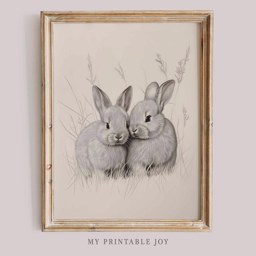 Two Baby Bunnies Cuddling Printable Sketch Wall Art Vintage Whimsical ...