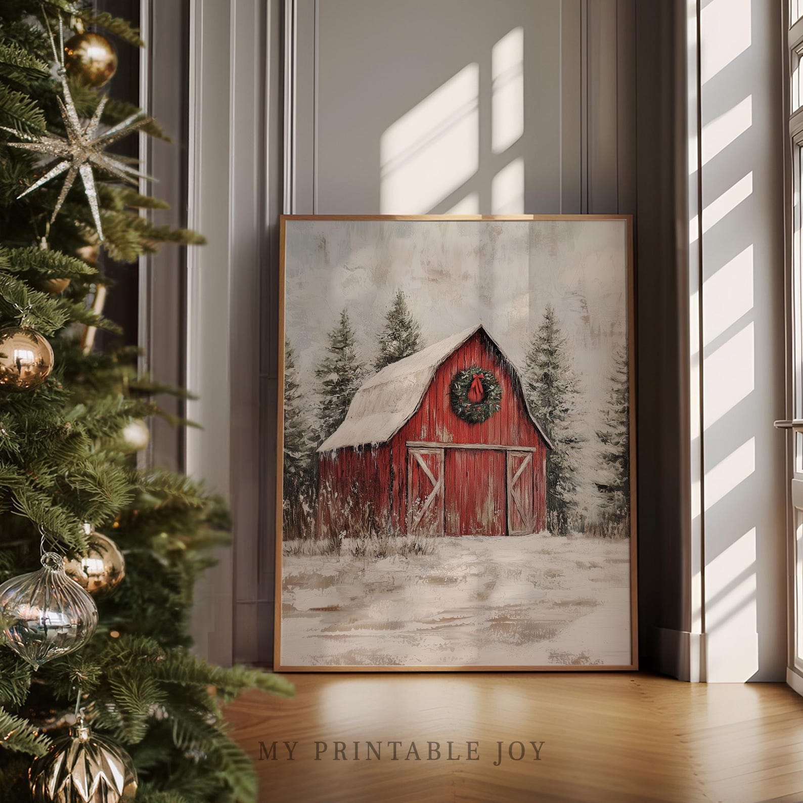 Red Barn in Snowy Winter Scene – Rustic Country Wall Art, Vintage ...