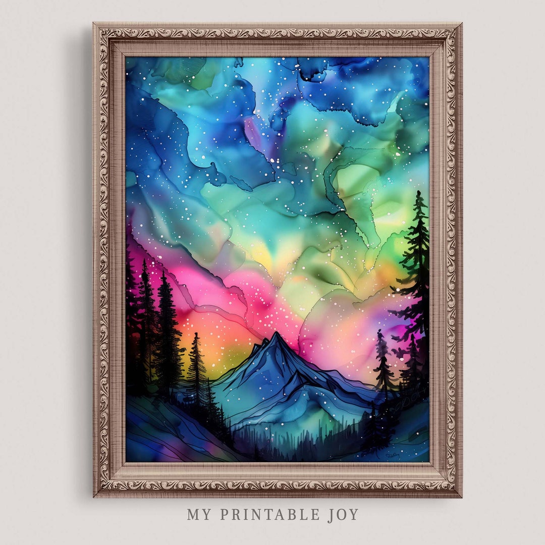 Printable Northern Lights Print, Aurora Borealis Painting, Alaska Decor ...
