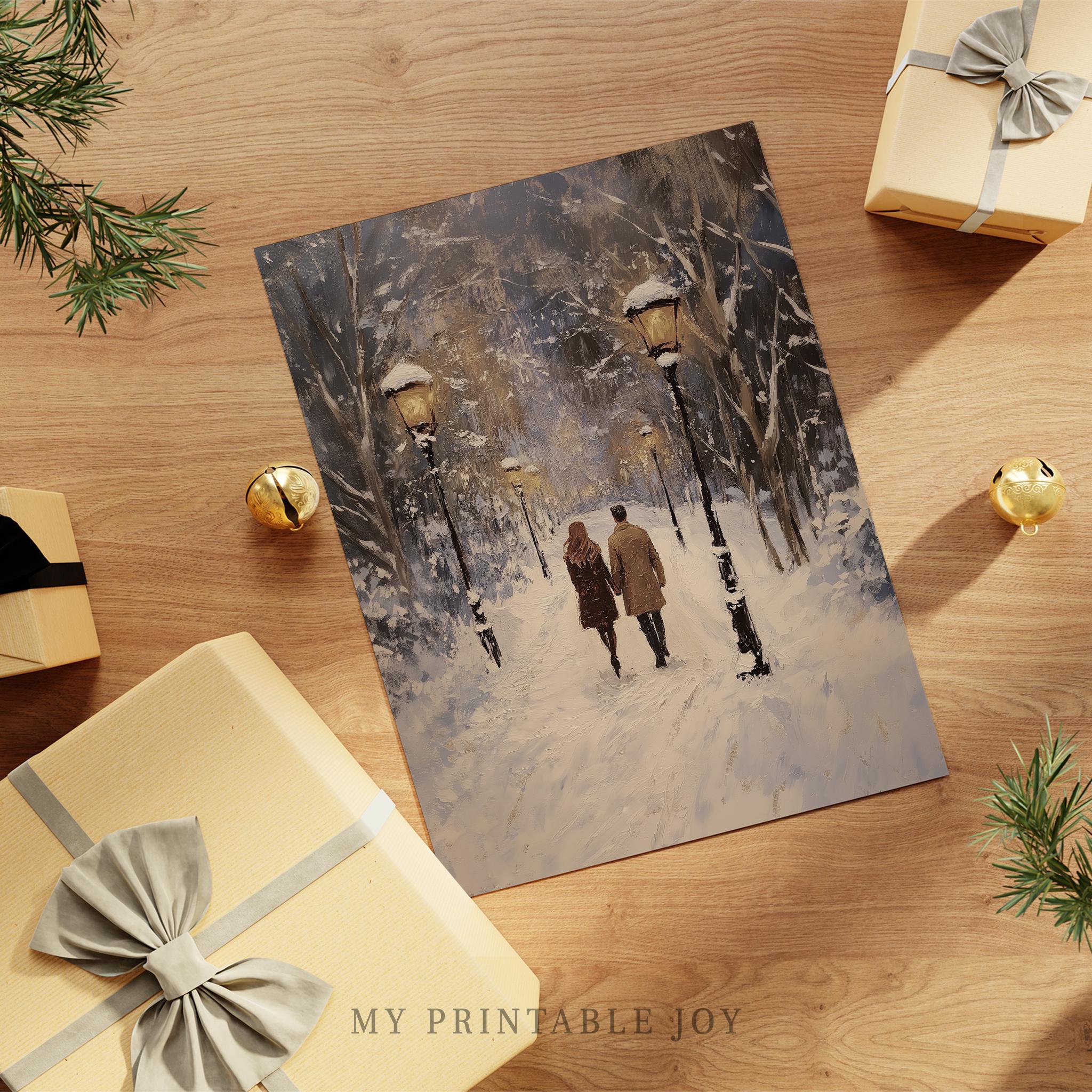 Vintage Winter Couple in Snowy Park - Romantic Wall Art, Moody Winter ...