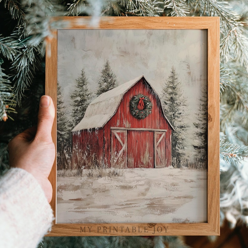 Red Barn in Snowy Winter Scene – Rustic Country Wall Art, Vintage ...