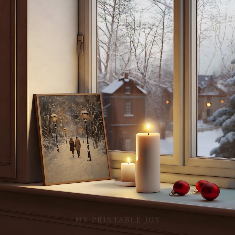 Vintage Winter Couple in Snowy Park - Romantic Wall Art, Moody Winter ...