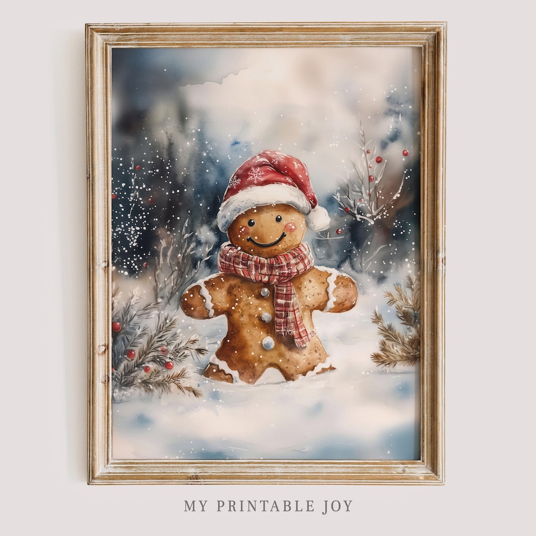 Vintage Gingerbread Man Rustic Christmas Wall Art Santa Hat Winter ...