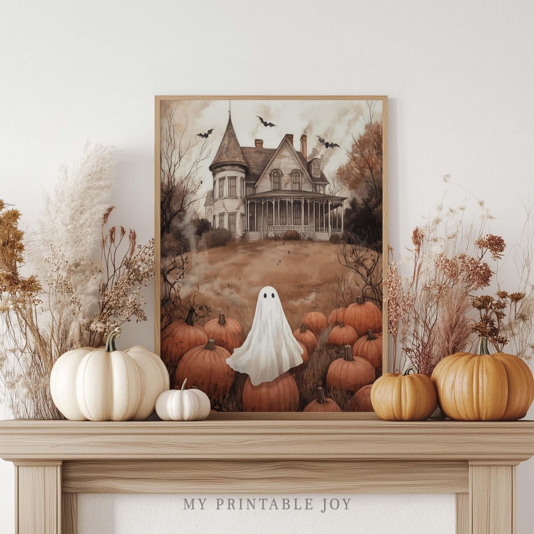 Ghost and Pumpkins Halloween Art Print Spooky Haunted House Decor ...