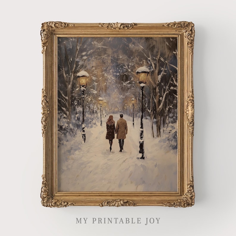 Vintage Winter Couple in Snowy Park - Romantic Wall Art, Moody Winter ...
