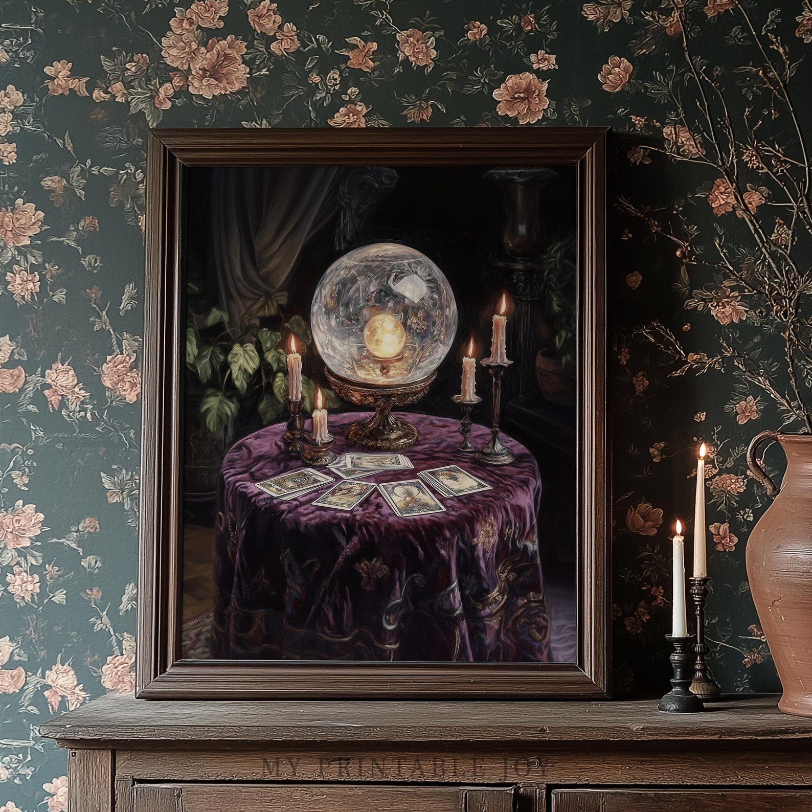 Crystal Ball on Velvet Table - Gothic Witchy Wall Art, Spooky Mystic ...