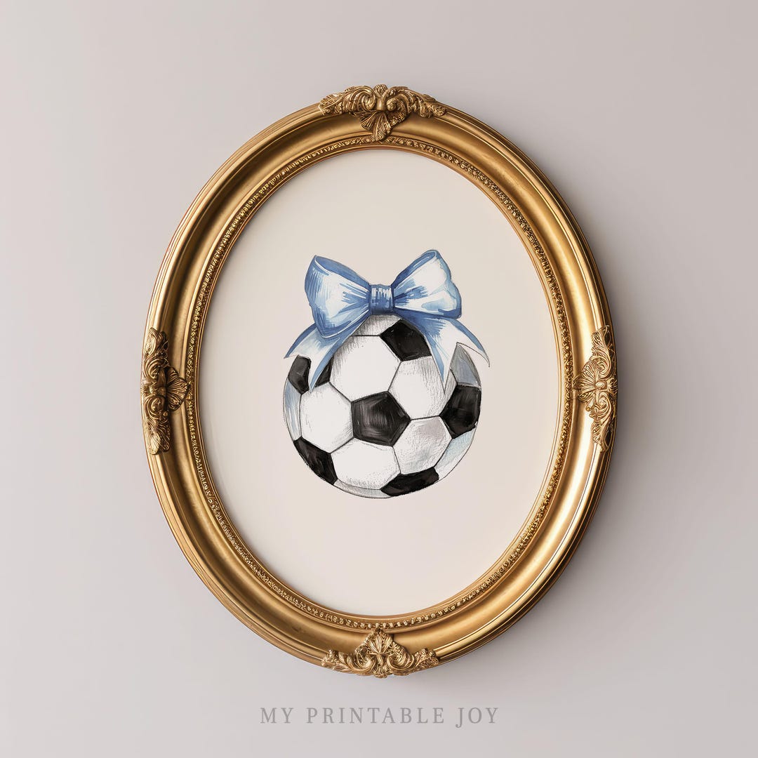 Soccer Ball With Blue Bow - Vintage Sports Wall Art Printable, Rustic ...