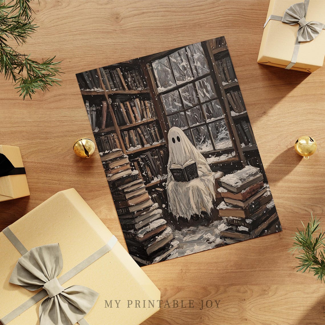 Ghost Reading in Snowy Library Pile – Spooky Dark Academia Wall Art ...