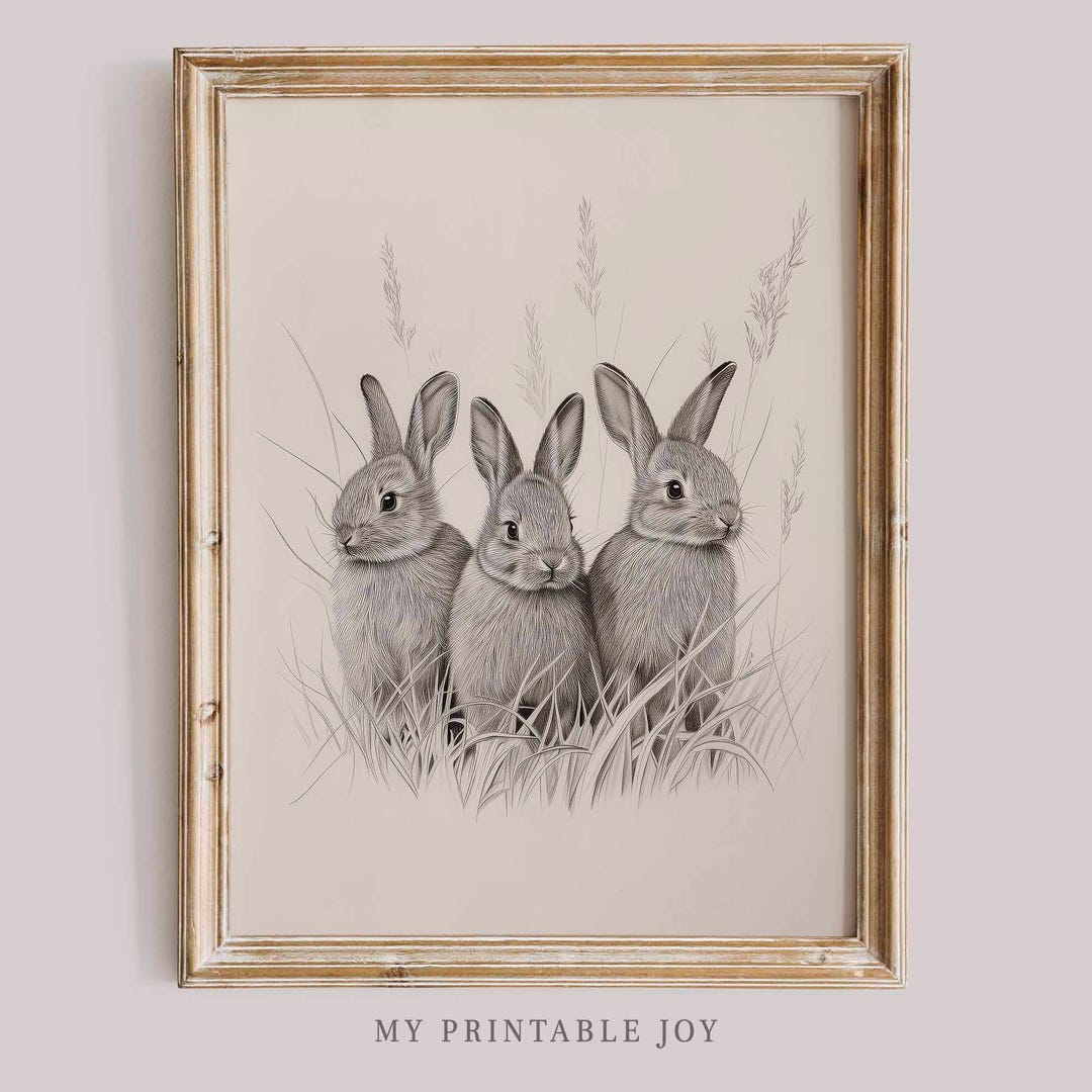 Three Baby Bunnies Printable Wall Art Whimsical Sketch Vintage Rabbit ...