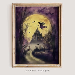 Witch Flying Over Haunted House Art Print Halloween Gothic Wall Art Spooky Witch Decor Witchy ...