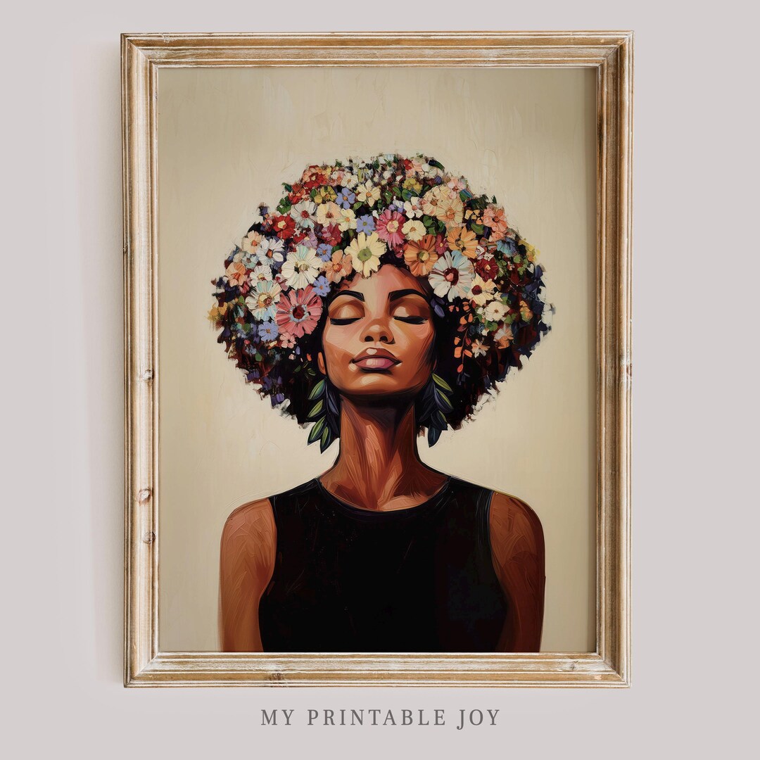 Floral Afro Black Woman Wall Art Black History Month Printable Modern ...