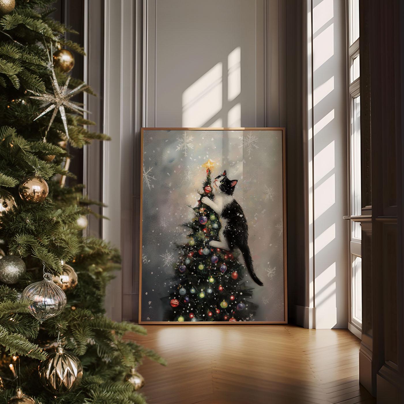 Christmas Cat Wall Art Funny Holiday Decor Digital Download Cute Cat ...