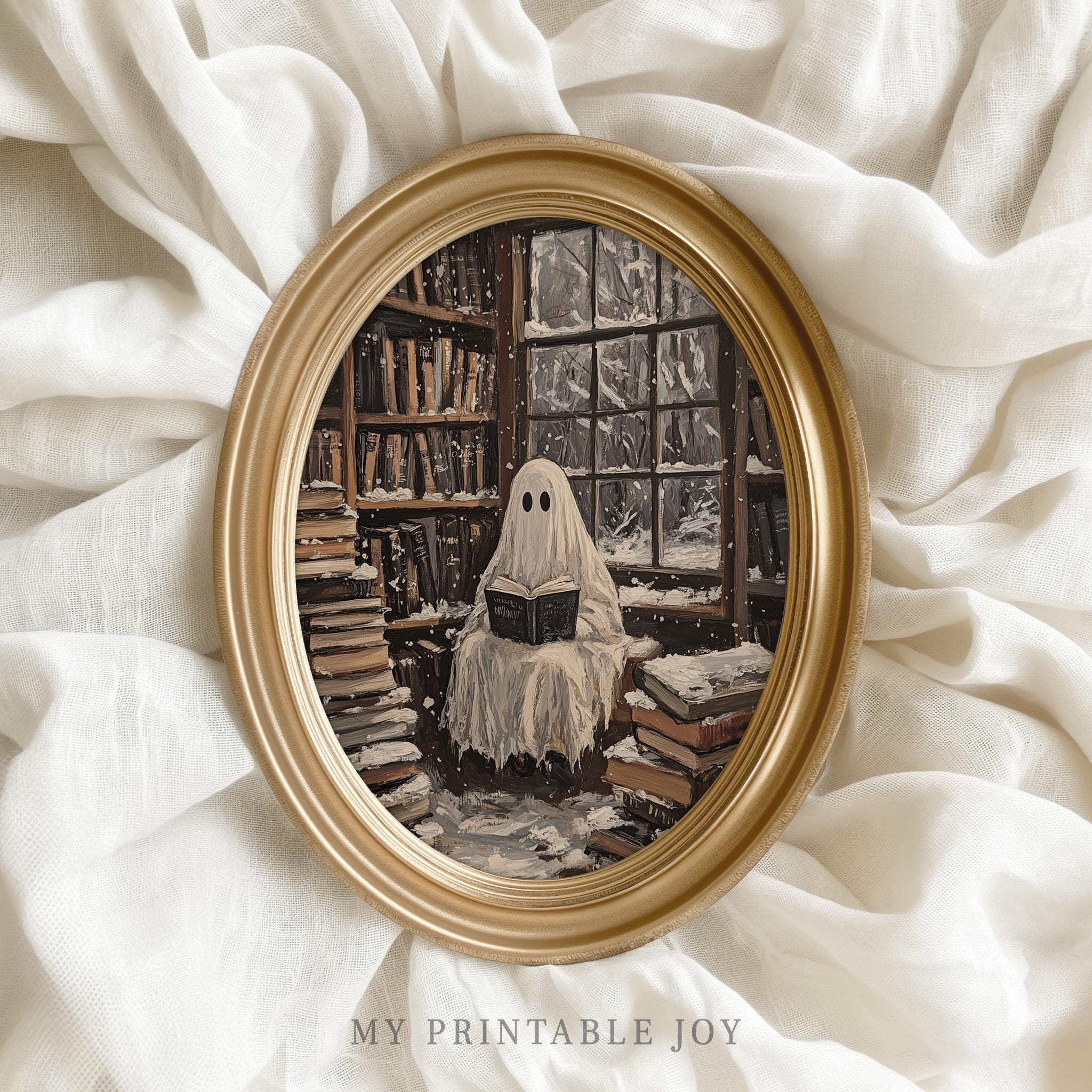 Ghost Reading in Snowy Library Pile – Spooky Dark Academia Wall Art ...