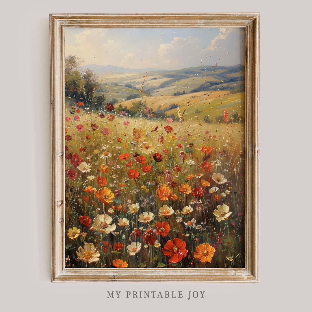 Printable Wildflower Field Print | Corn Poppy Meadow Painting | Neutral ...