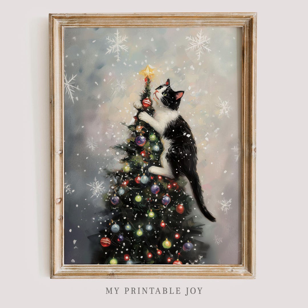 Christmas Cat Wall Art Funny Holiday Decor Digital Download Cute Cat ...