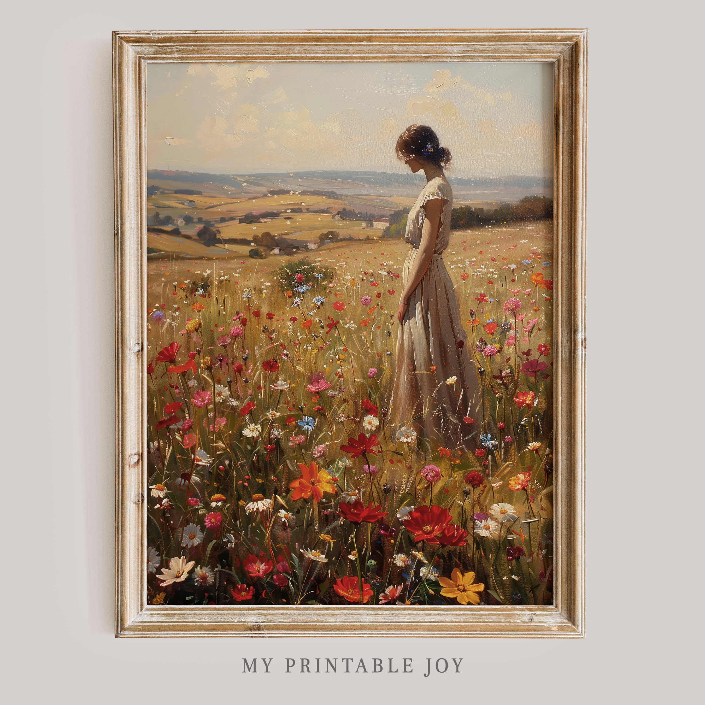 Printable Wildflower Field Woman Spring Meadow Painting Landscape ...