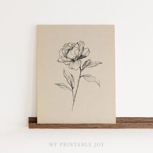 Peony Flower Ink Sketch – Printable Botanical Art Vintage Rustic Wall ...