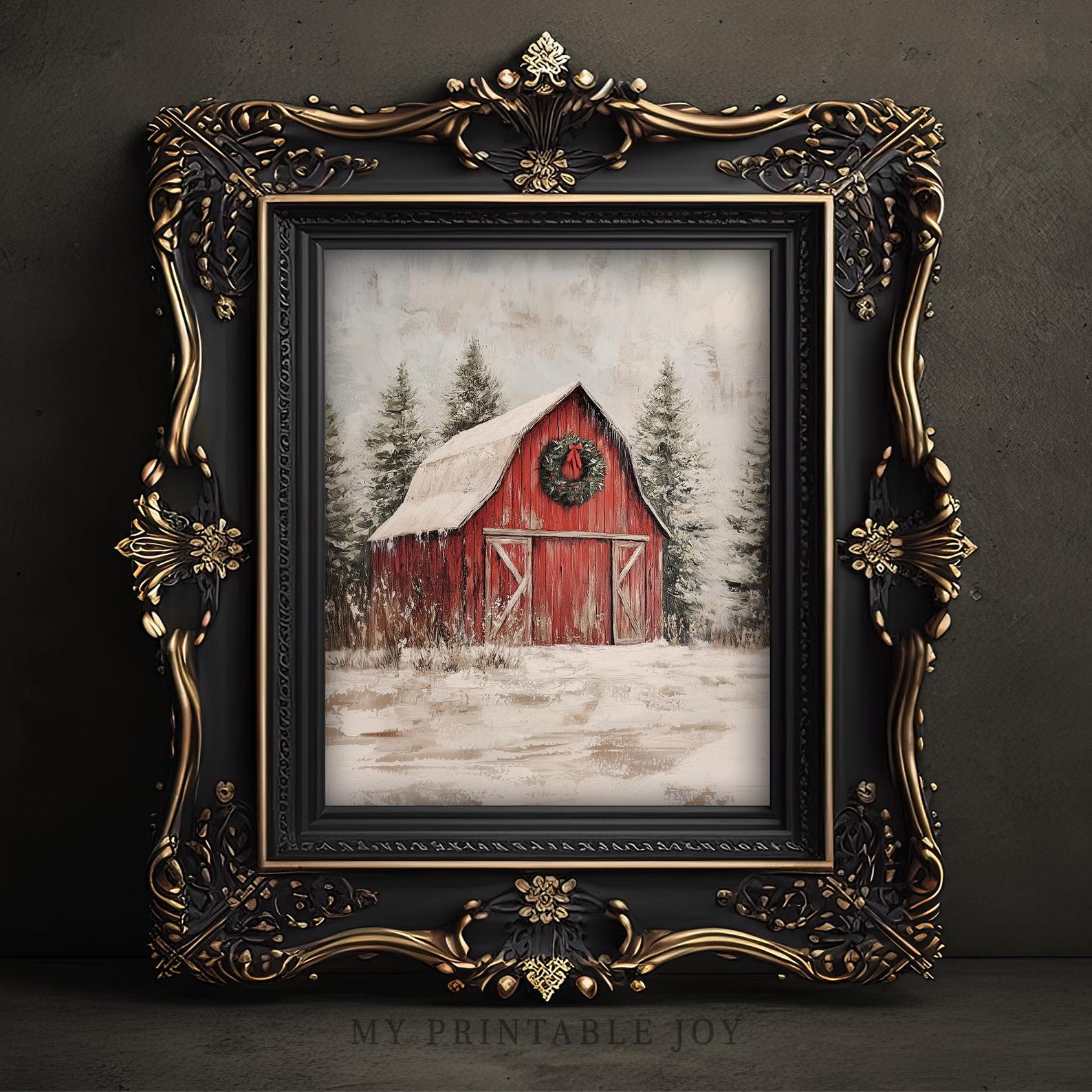 Red Barn in Snowy Winter Scene – Rustic Country Wall Art, Vintage ...