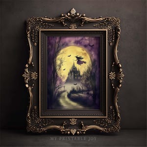 Witch Flying Over Haunted House Art Print Halloween Gothic Wall Art Spooky Witch Decor Witchy ...
