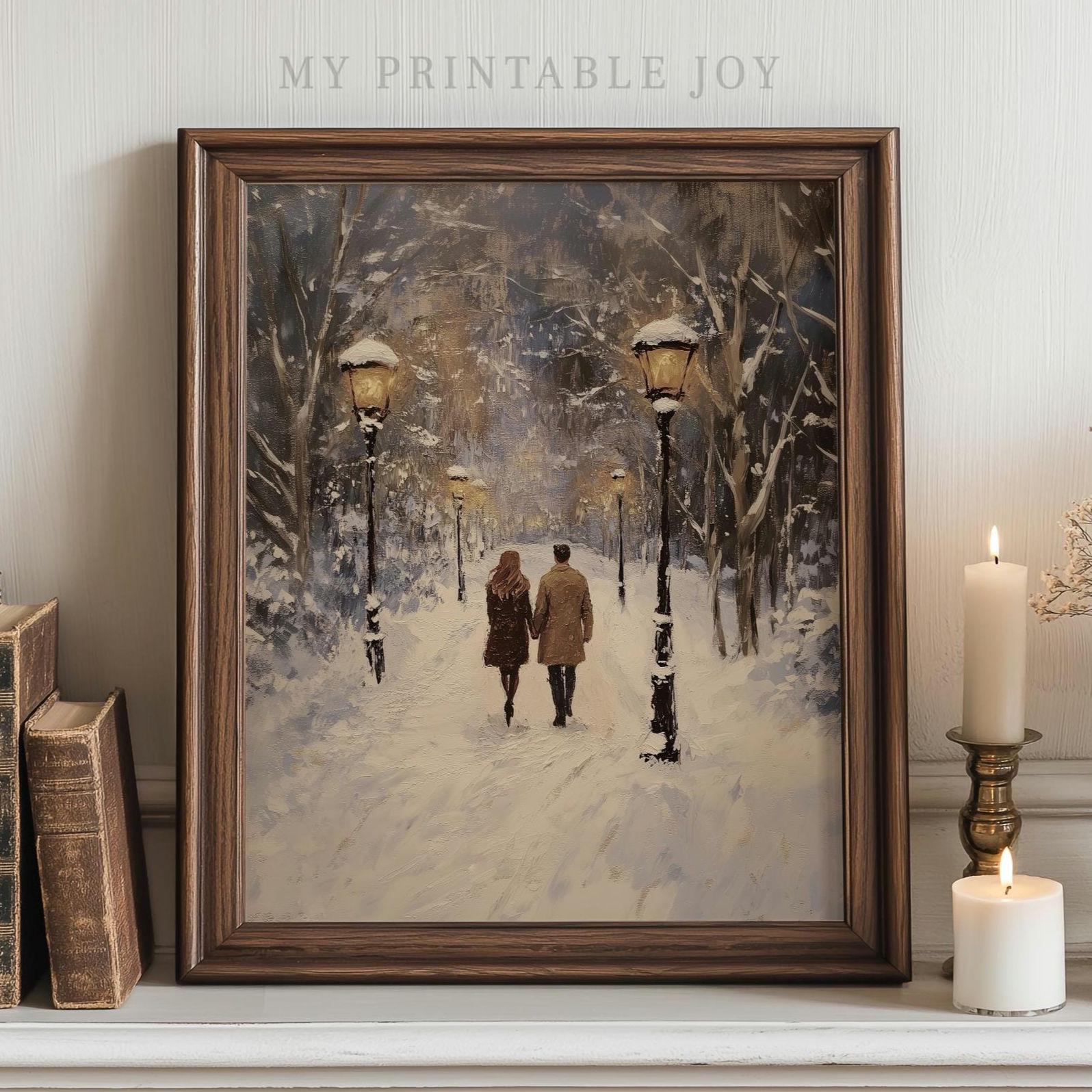 Vintage Winter Couple in Snowy Park - Romantic Wall Art, Moody Winter ...