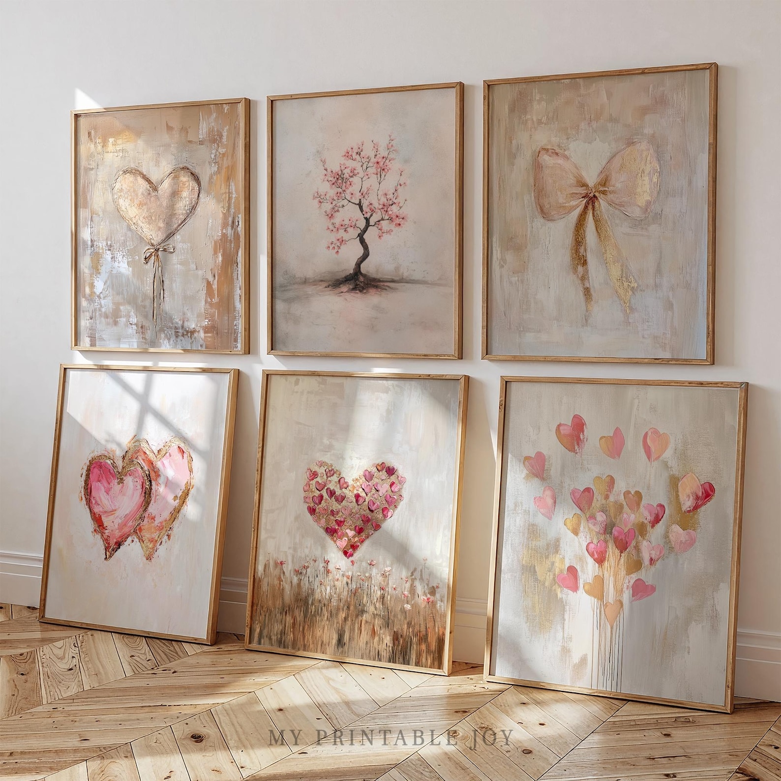 Romantic Valentine Printable Wall Art Set of 6, Beige Gold Heart ...