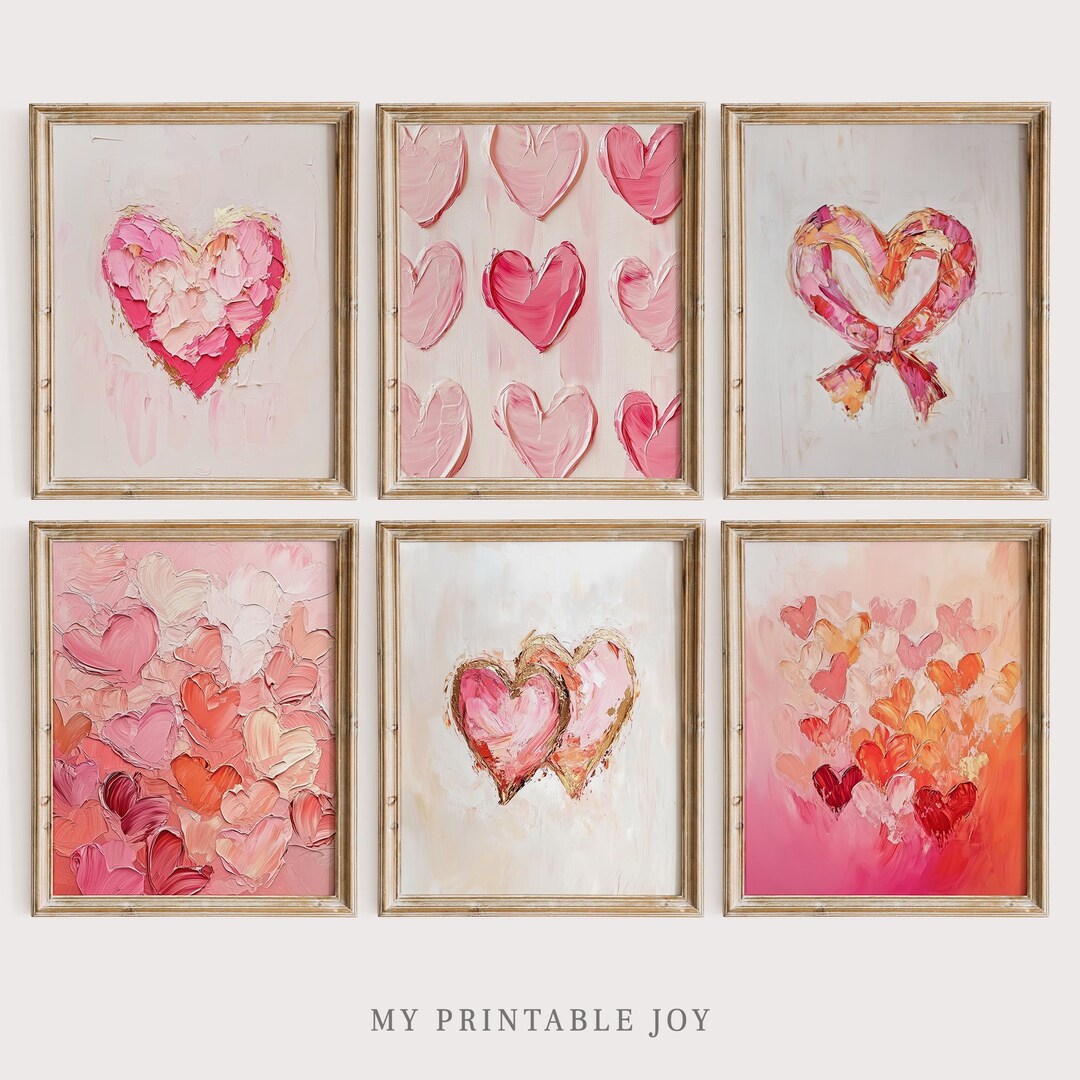 Valentine's Printable Wall Art Set of 6, Romantic Heart Prints ...