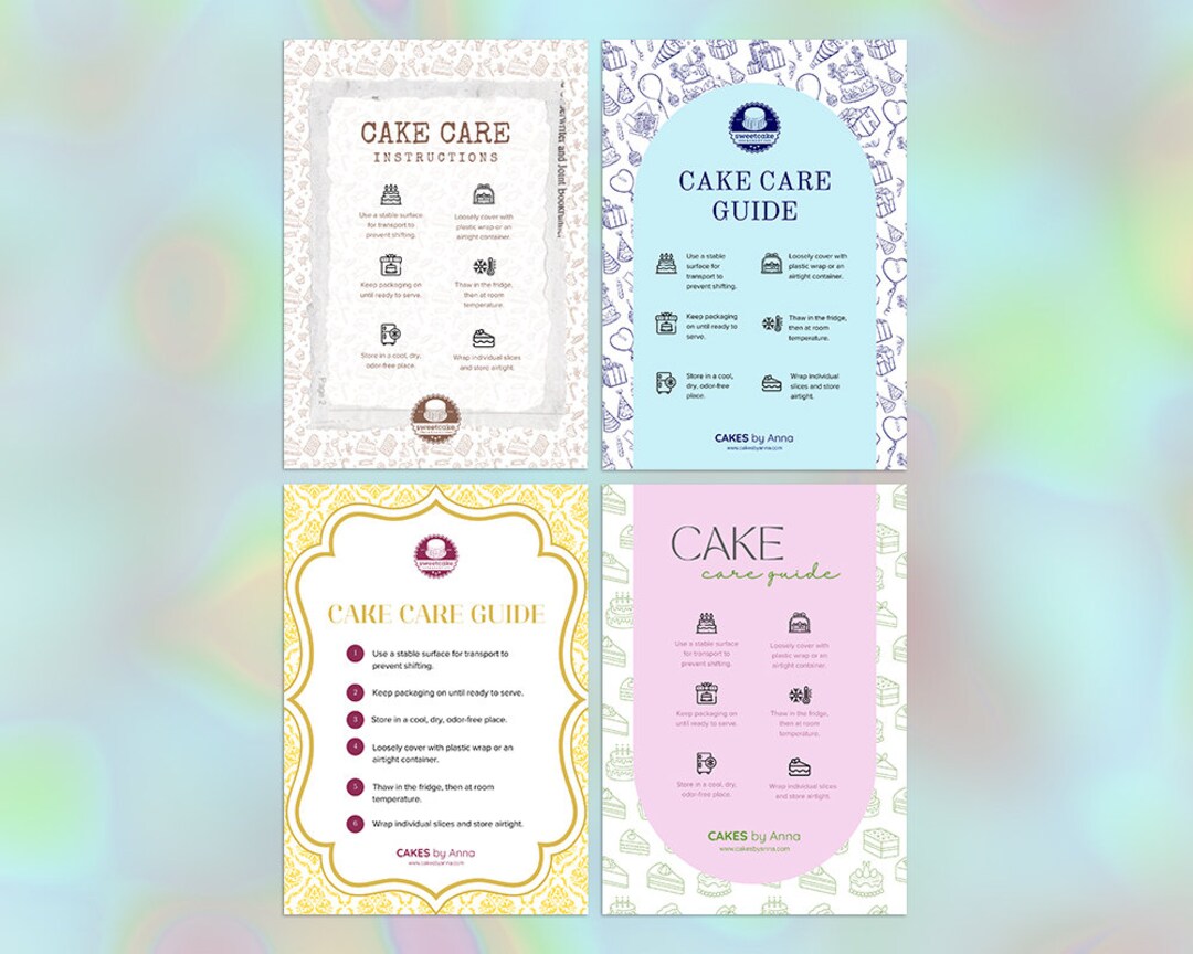Cake Care Card, Cake Care Instructions, Cake Guide, Cake Storage ...