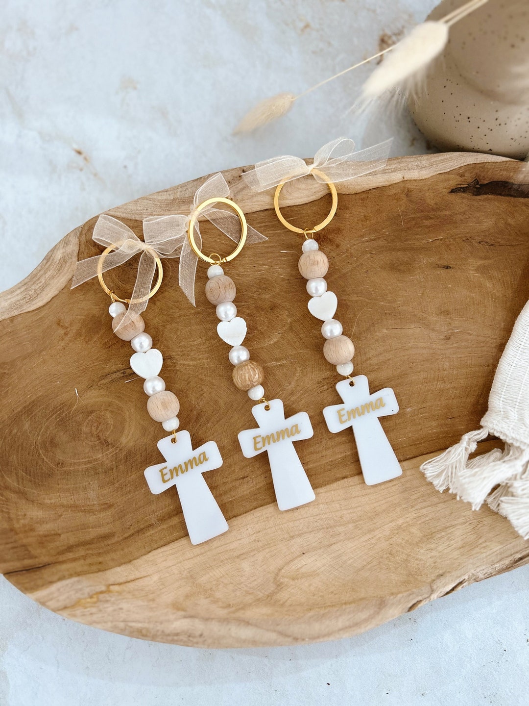 12 Pcs Wooden Keychain With Cross, Baptism Christening Favors Girl ...