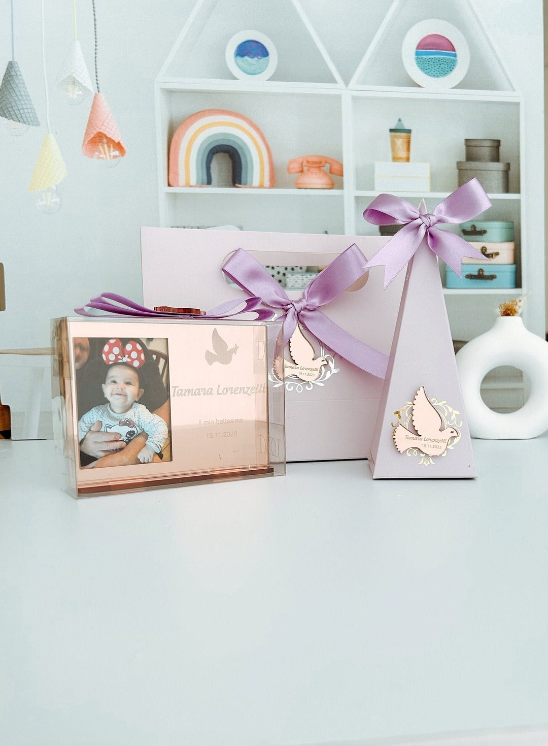 Lilac Baptism Gift Set, Personalized Baptism Photo Frame, Candy Box ...