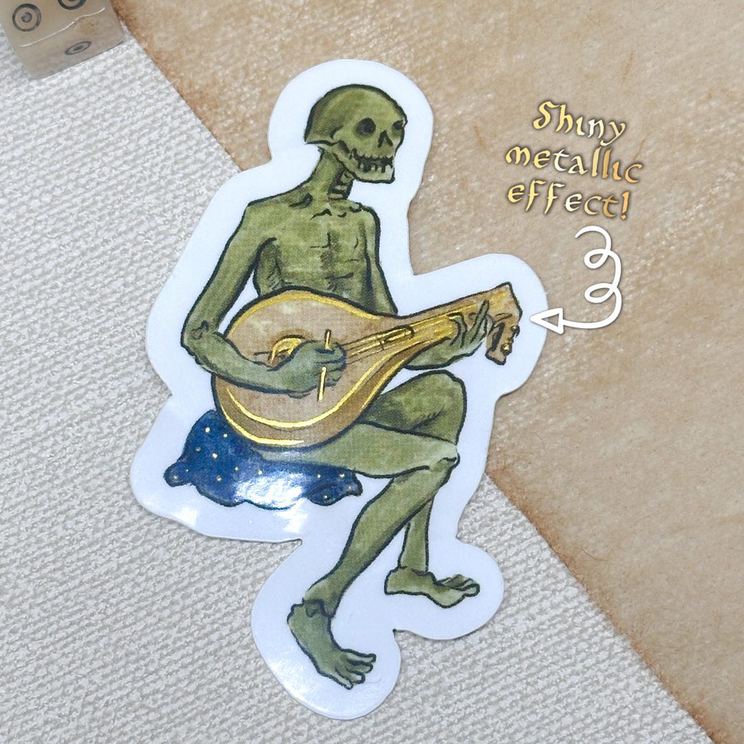 Death Playing the Lute - Gold Effect-vinyl Sticker, Waterproof ...