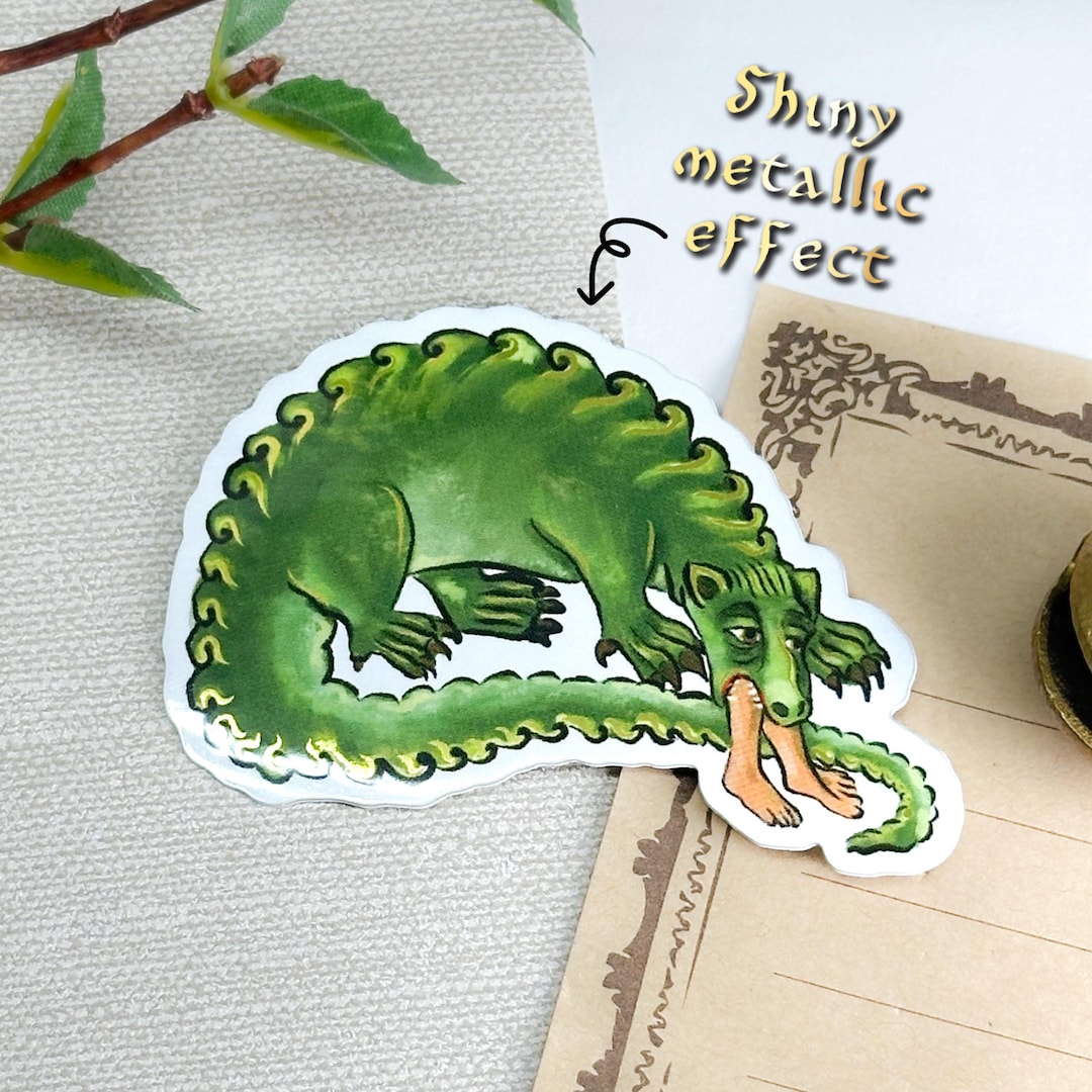 Vinyl Sticker- LEG EATING DRAGON, Metallic Medieval Marginalia, Funny ...