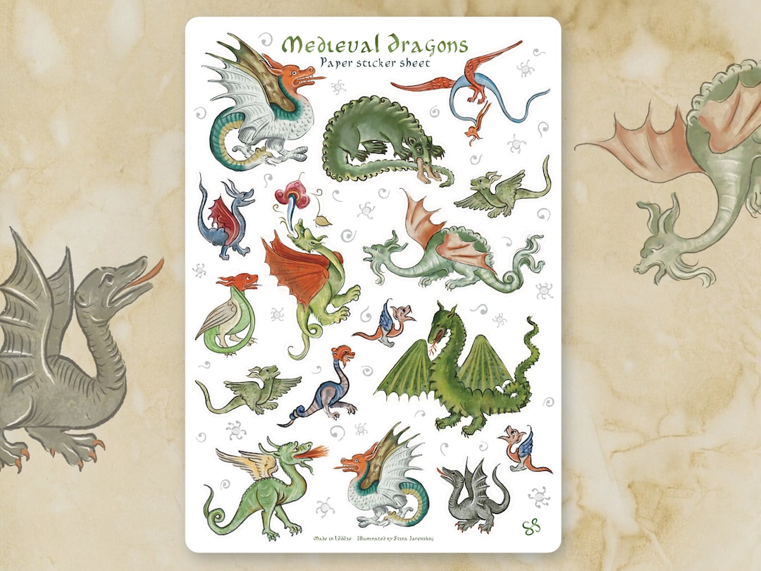 Sticker Sheet - MEDIEVAL DRAGONS - Funny Whimsical Historical Stickers ...