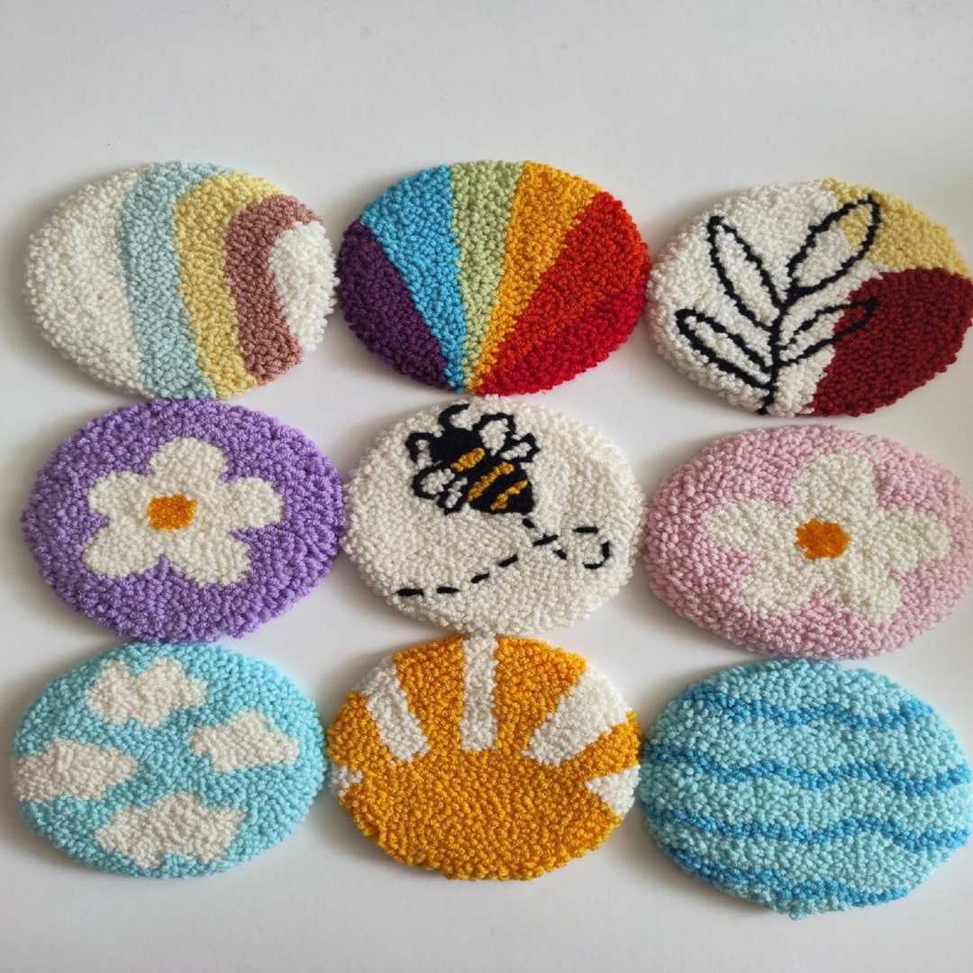 Handmade Tufted Coaster, Colorful Mug Rug, Embroidery Coaster Set ...