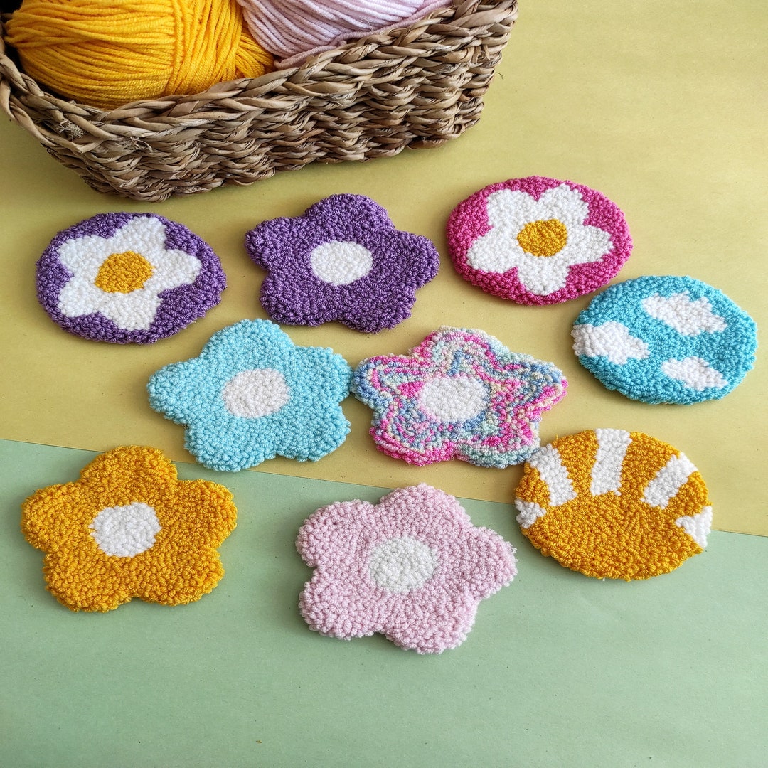 Set of 2 Car Coasters, Punch Needle Car Accessories, Daisy, Cloudy, Sun ...