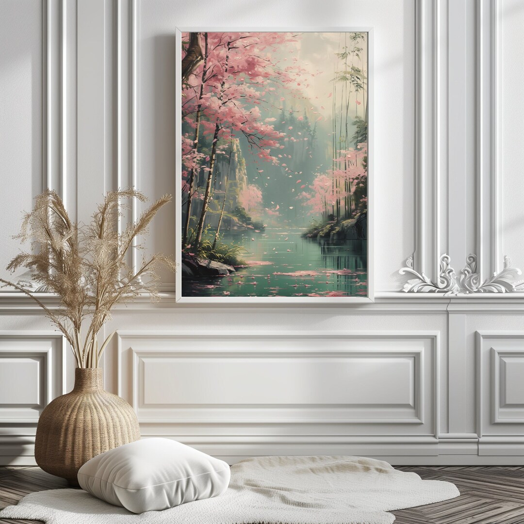 Premium Poster Sakura Wald See Ölgemälde, Pinsel Vintage Kunst ...