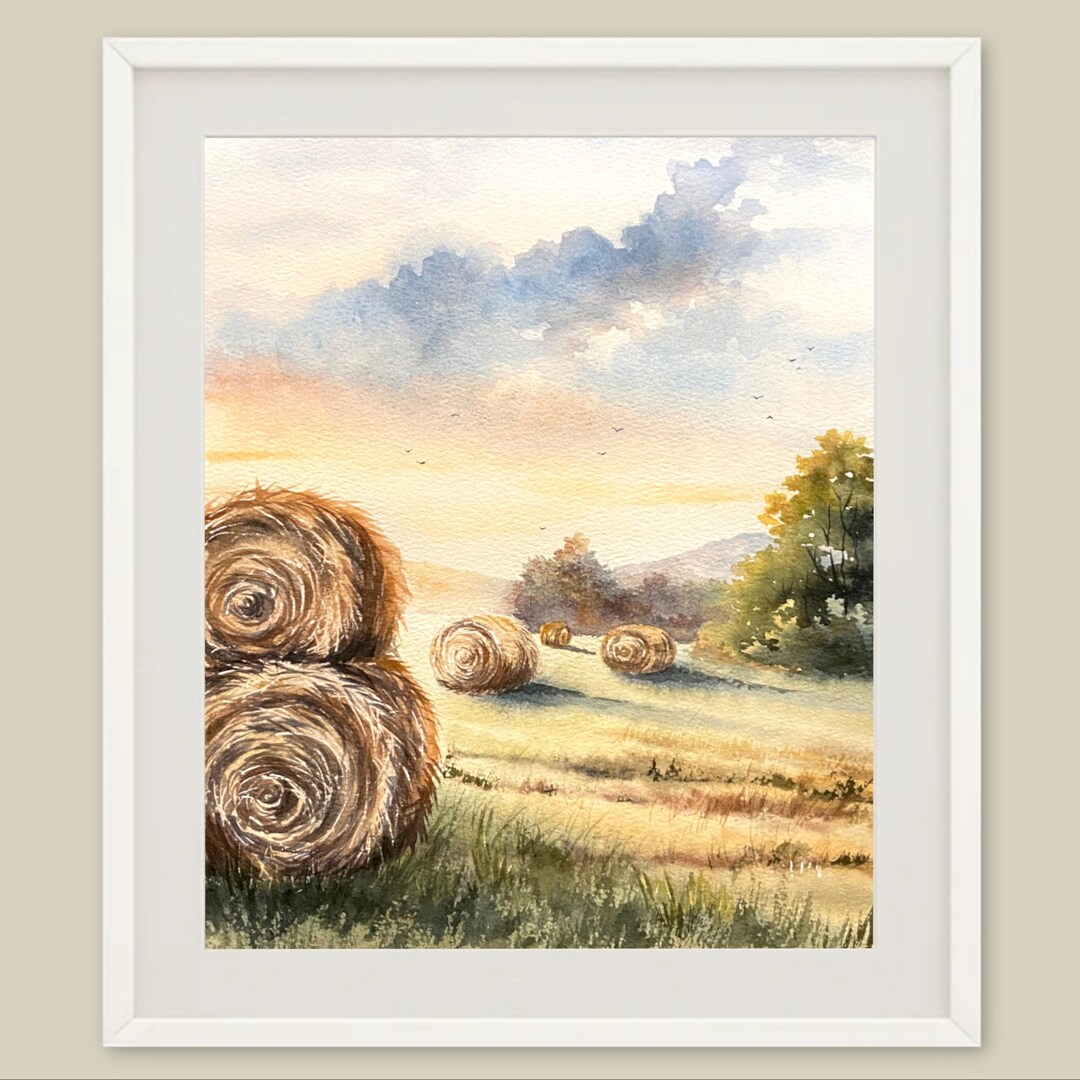 Hay Bale Art Print Hay Field Watercolor Painting Countryside Landscape ...