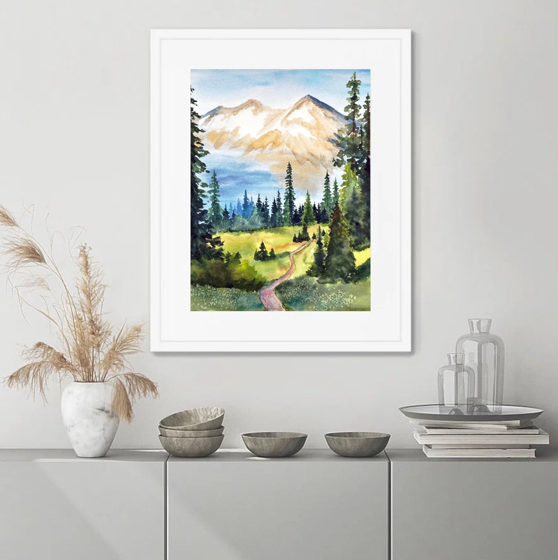 Pine Forest Painting Mountains Art Print Watercolor Landscape - Etsy