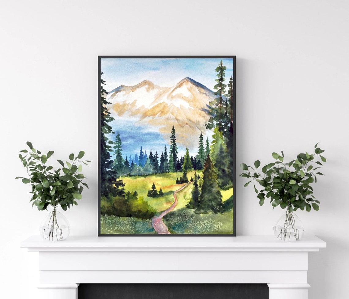 Pine Forest Painting Mountains Art Print Watercolor Landscape - Etsy