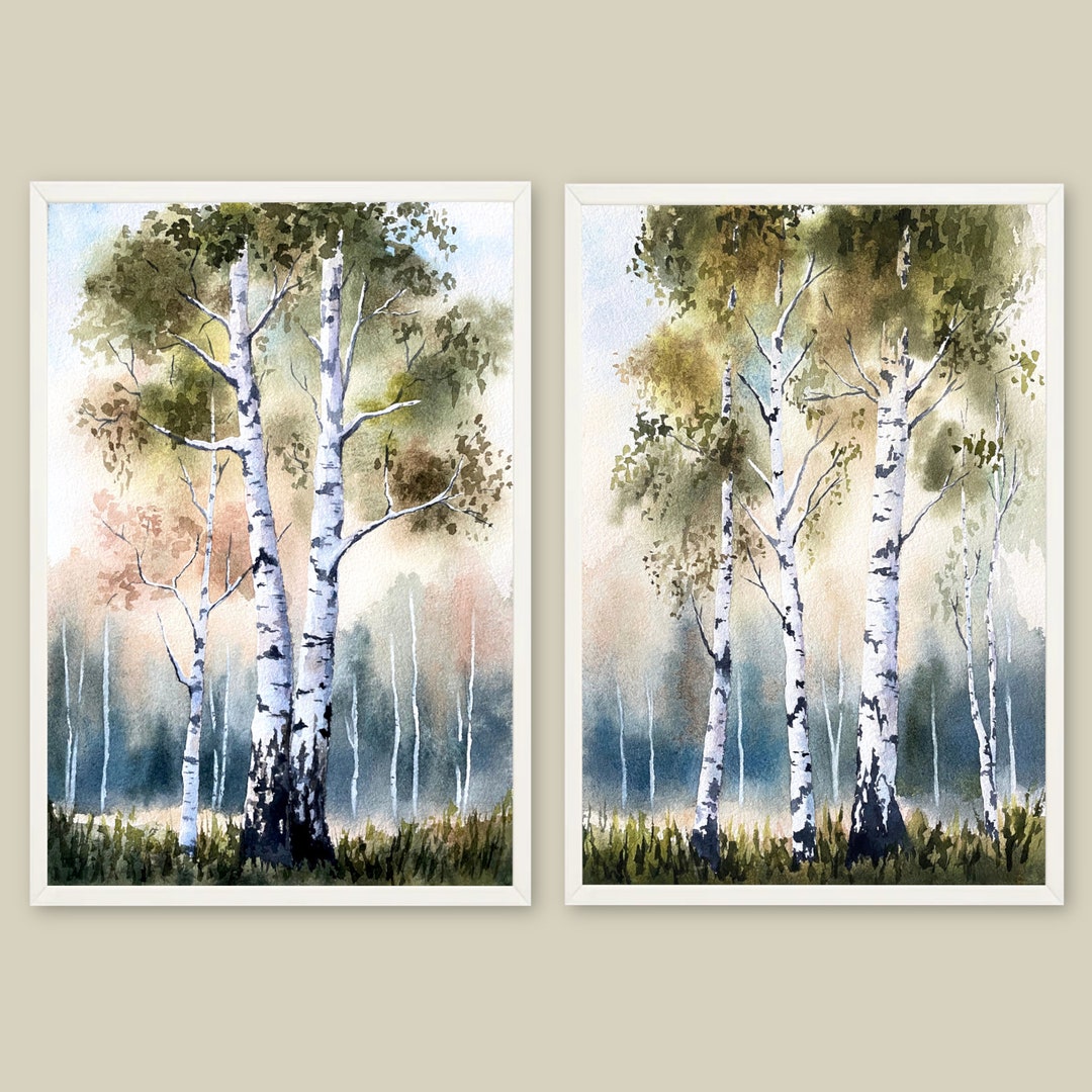 Birch Trees Art Print Set of 2 Forest Watercolor Painting Aspen Trees ...