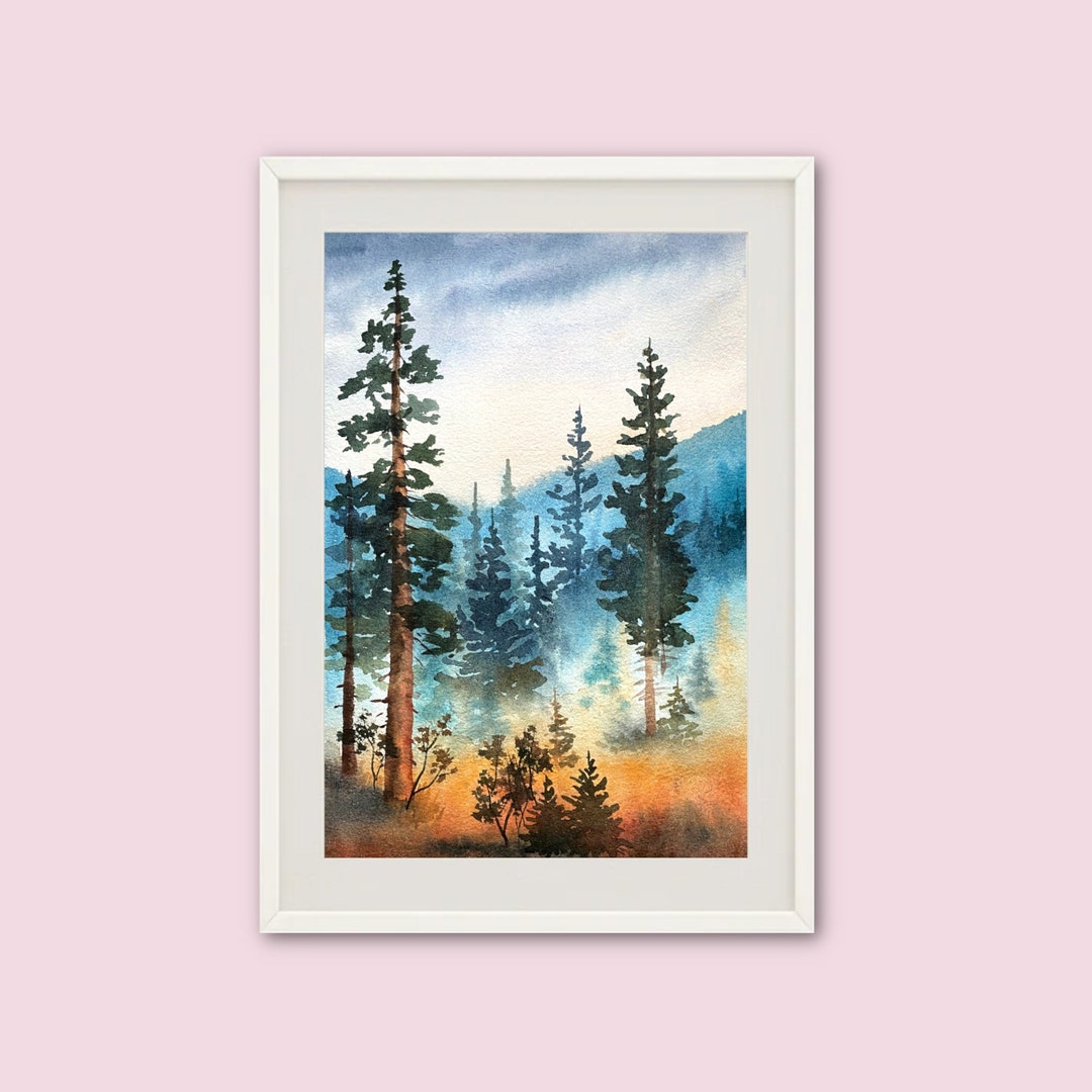 Mountain Forest Painting Pine Trees Wall Art Print From - Etsy